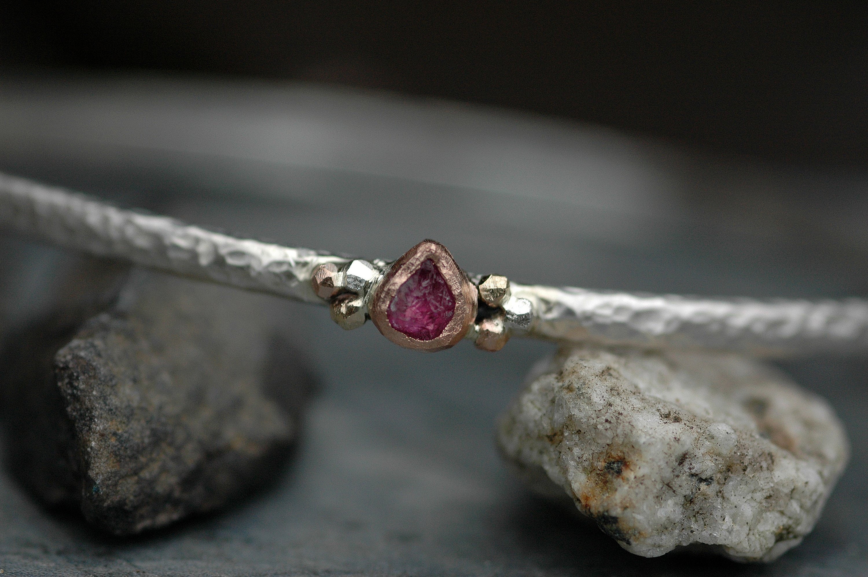 Raw Rough Baringo Ruby Rose Gold Yellow Gold and Sterling Silver Bangle ...