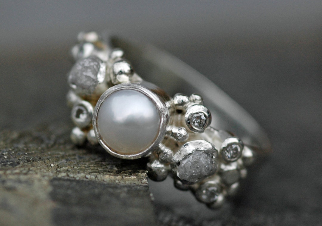 Rough Diamond, Diamond Melee and Pearl Engagement Band Custom Made ...