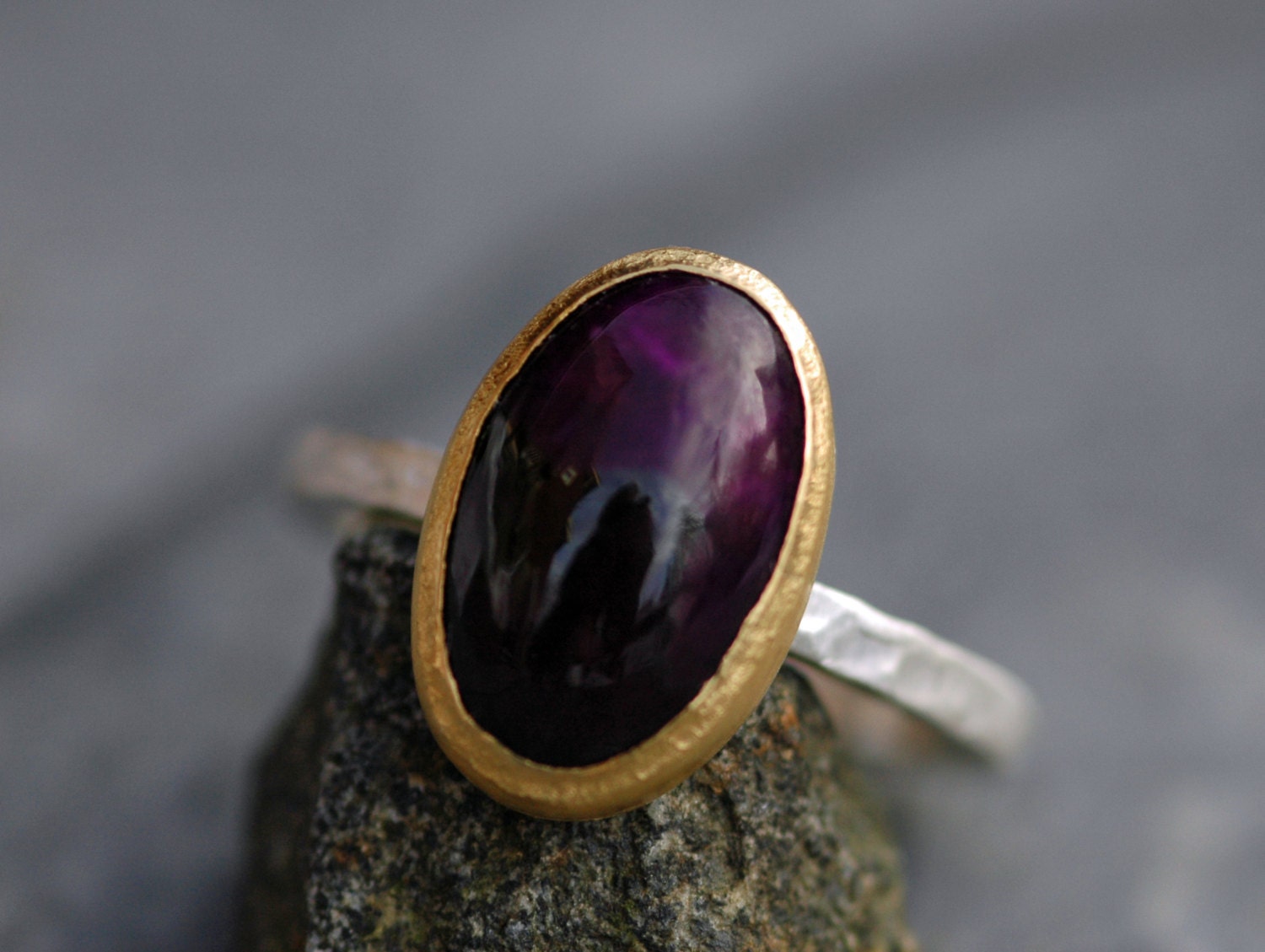 ON SALE: Purple Sugilite Ring in 22k Yellow Gold and Thick Hammered ...