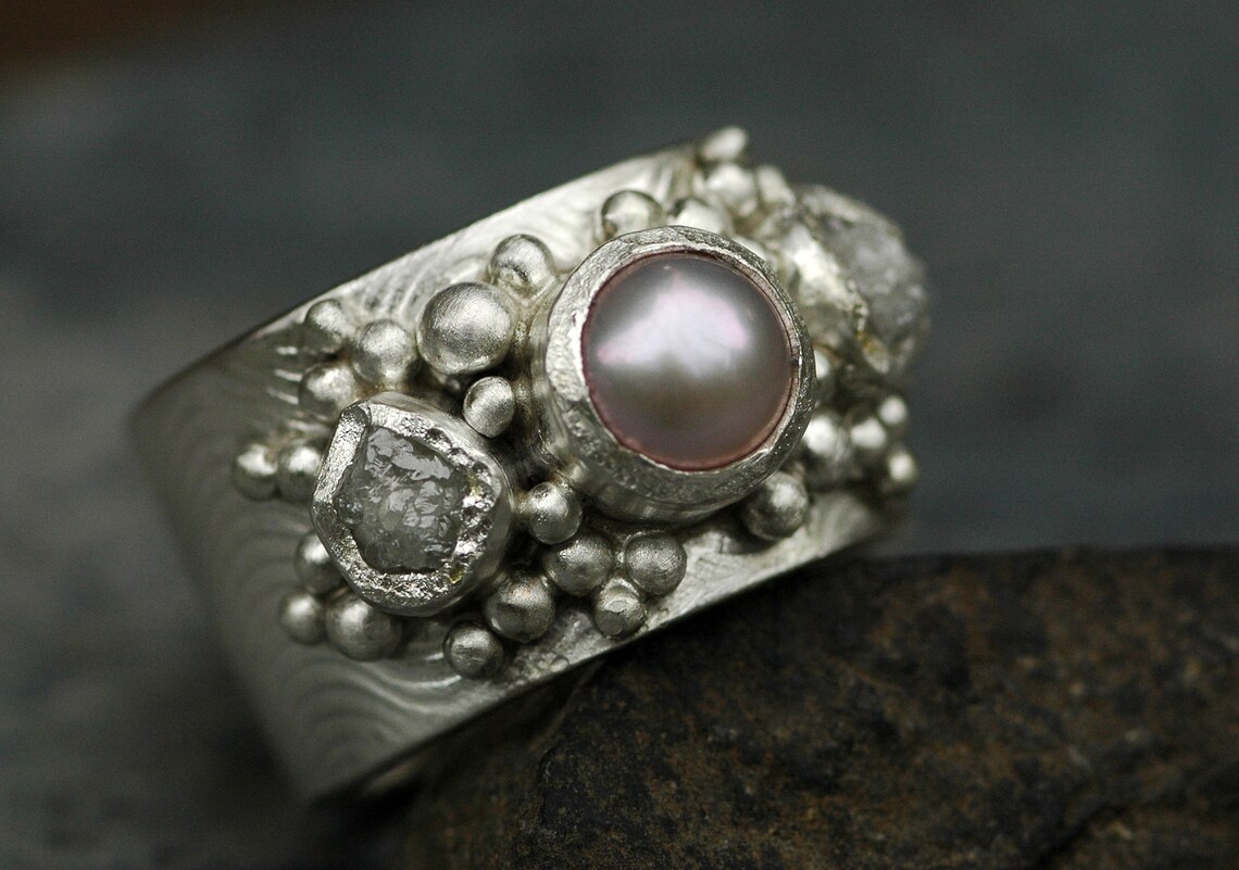 Raw Rough Diamonds and Pink Pearl in Wave Textured Recycled Sterling ...