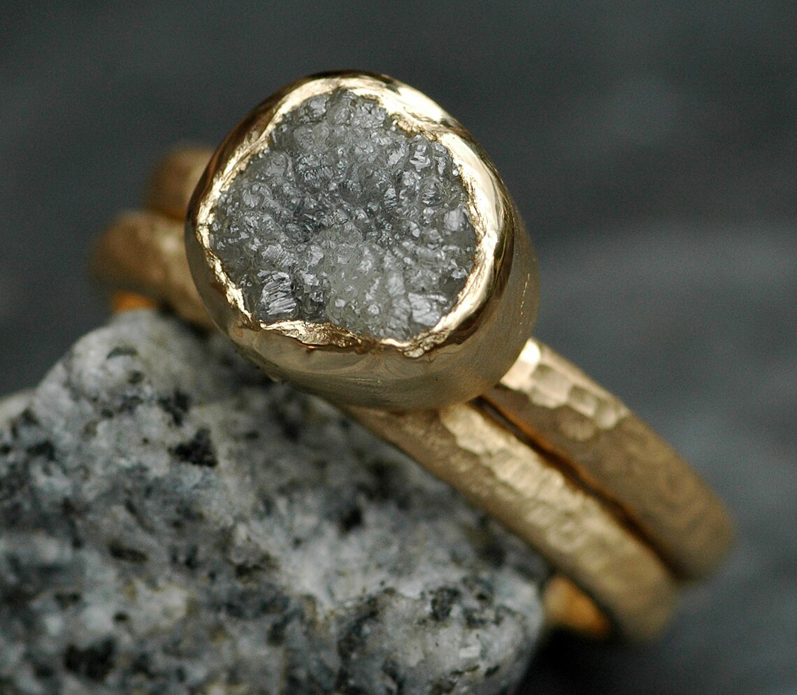 Conflict-free Rough Raw Uncut Diamond Engagement Ring and Wedding Band ...