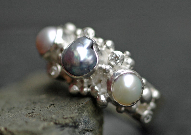 Diamond Melee and Pearl Engagement Ring- Custom Made Custom Colour ...