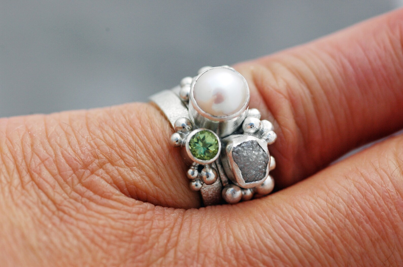Multistone Freshwater Pearl, Rough Raw Diamond, and Peridot Sterling ...