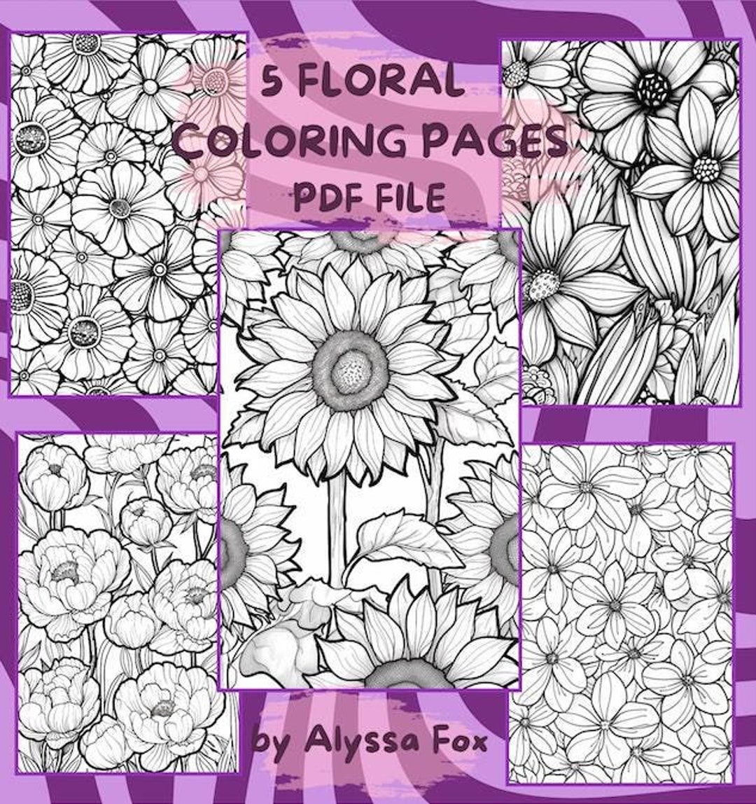 5 Cute Flowers Coloring Pages for Adults Digital Prints Mindfulness ...