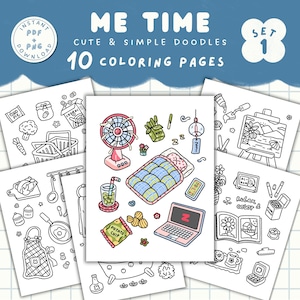 Me Time Coloring Pages, Set 1 of 4, 10 Pages of Cute Simple Doodles ...