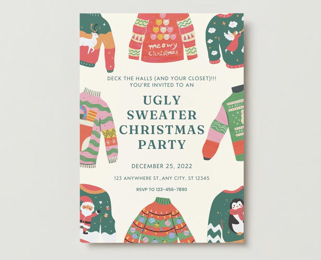 Ugly Sweater Christmas Party Invitation Colorful, Illustrated, Digital ...