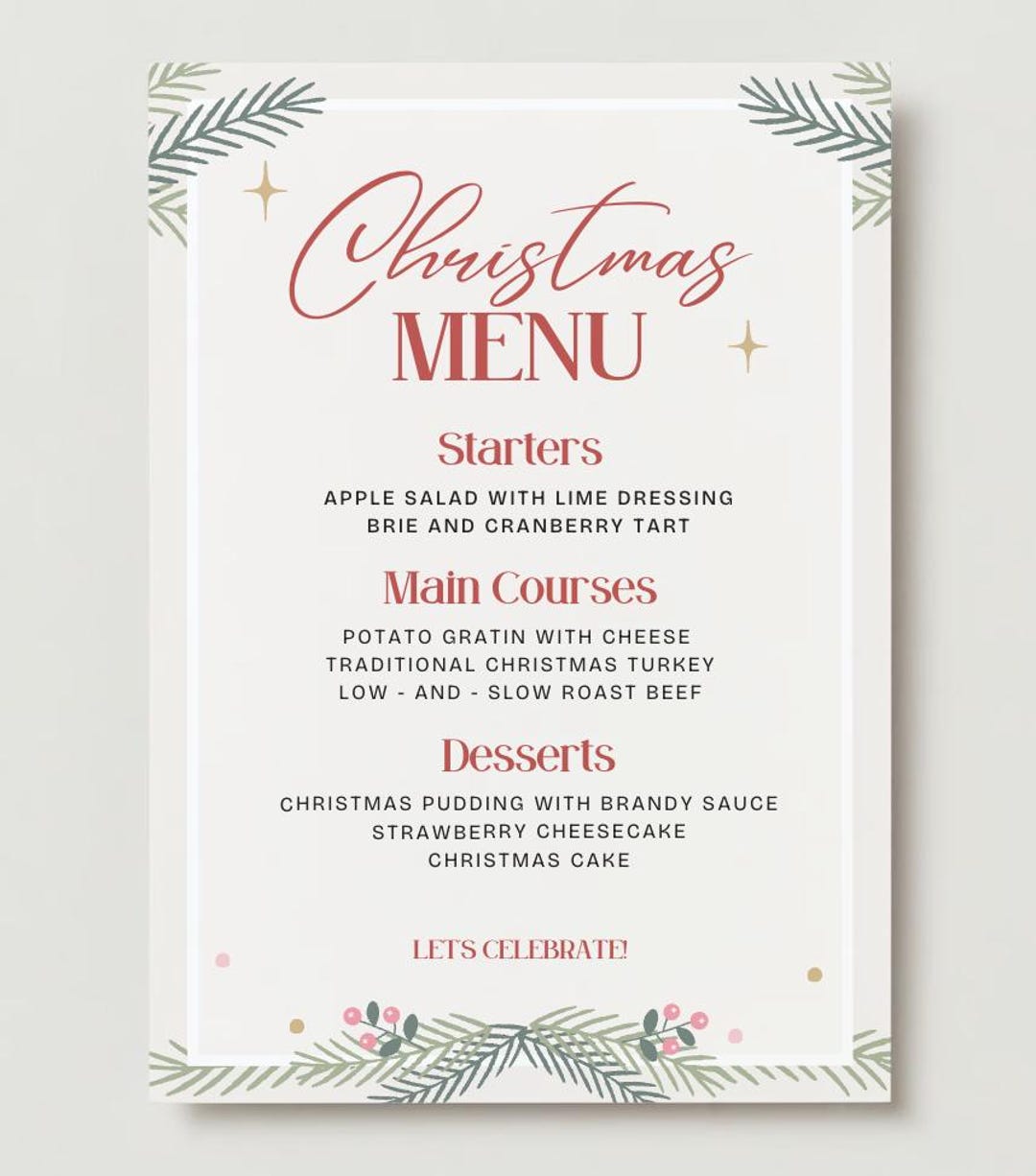 Modern Christmas Menu Digital Template, Christmas, Holiday Party 5x7 In ...