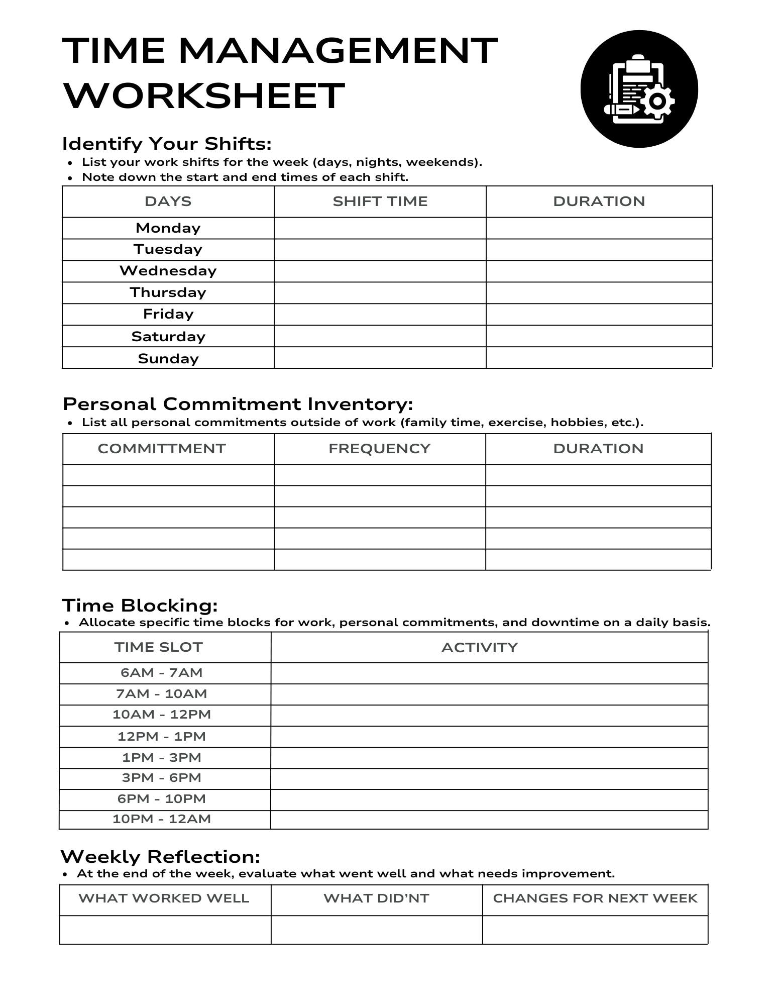 Printable Time Management Worksheet for Shift Workers, A4 PDF for ...
