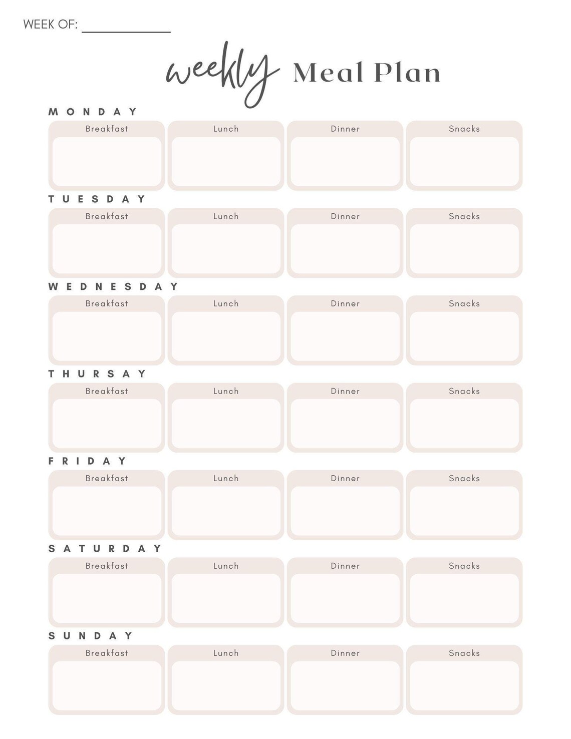 Weekly 7 Day Meal Planner - Etsy