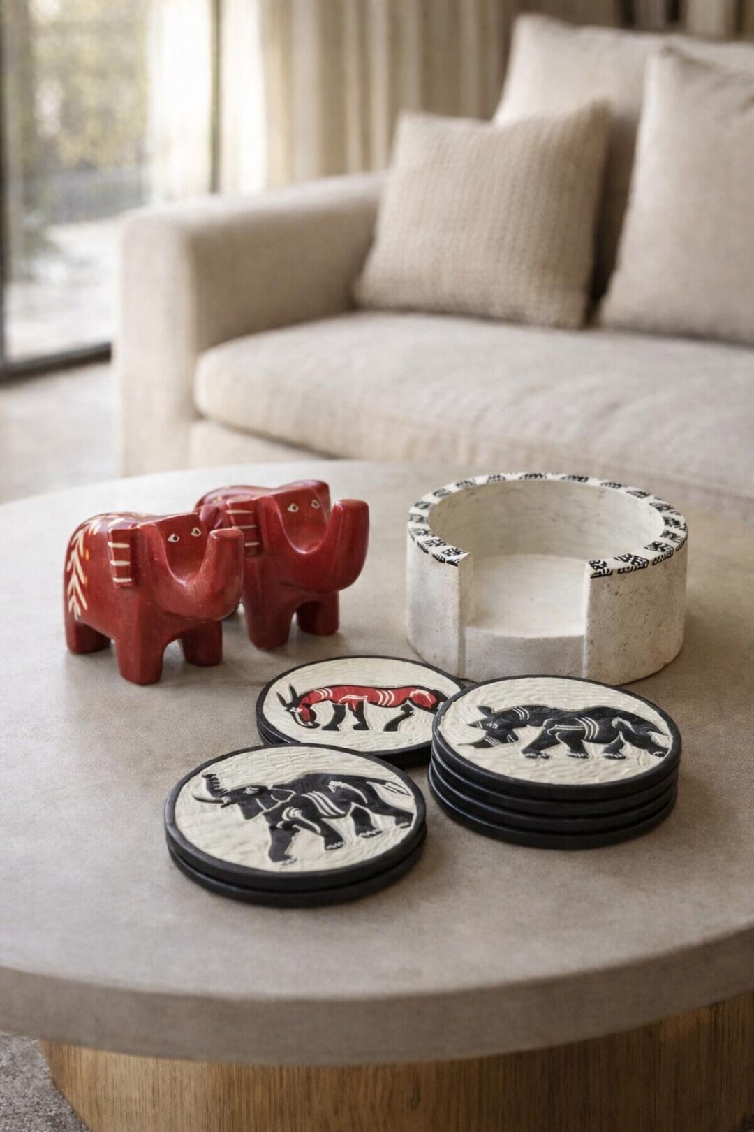 Hand Carved Soapstone Red Elephant Figurines & Coaster Set – Kenyan ...