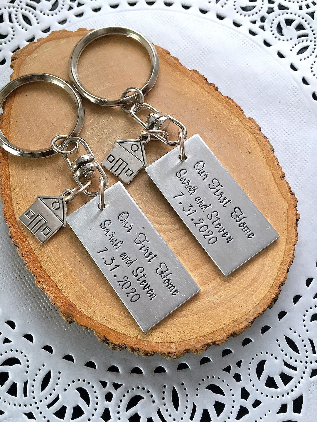 SET of TWO New Home Keychains, Handstamped Keychains, House Keychain ...