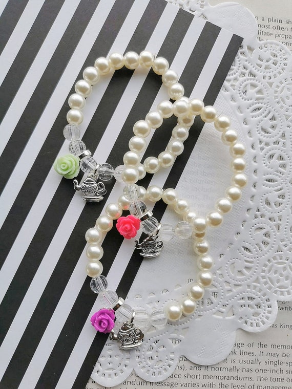 SET of TEN. Garden Tea Party bracelet, Teapot bracelet, tea party, rose ...