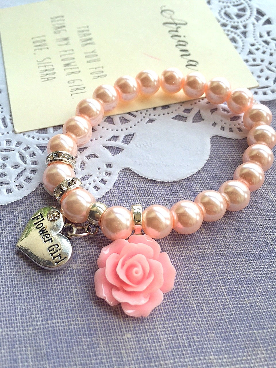 Blush Pink Rose Flower Girl Bracelet, Flower Girl Jewelry, Glass Pearl ...