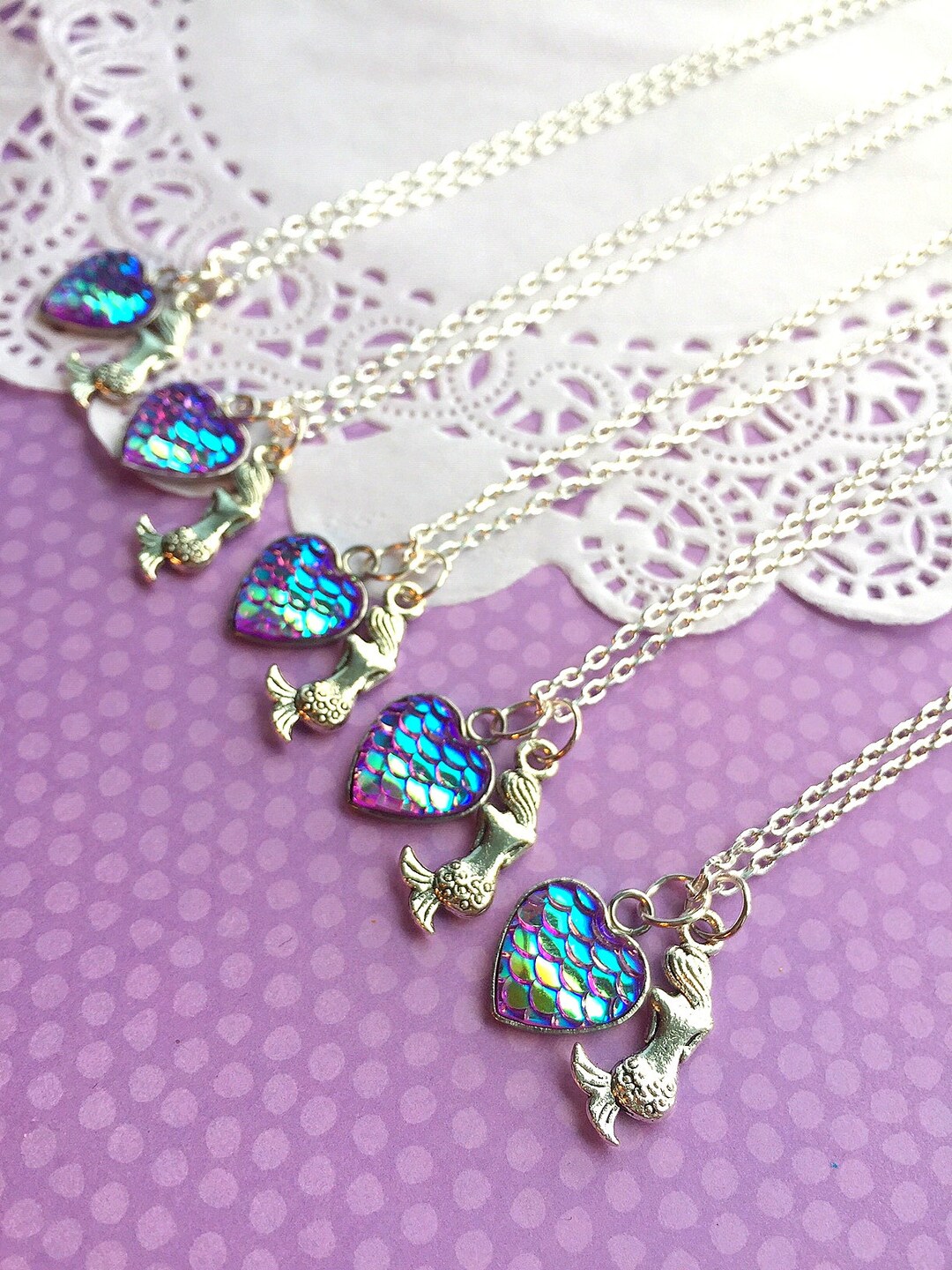 SET of FIVE, Mermaid Scale Charm Necklace, Mermaid Party Favor, Mermaid ...