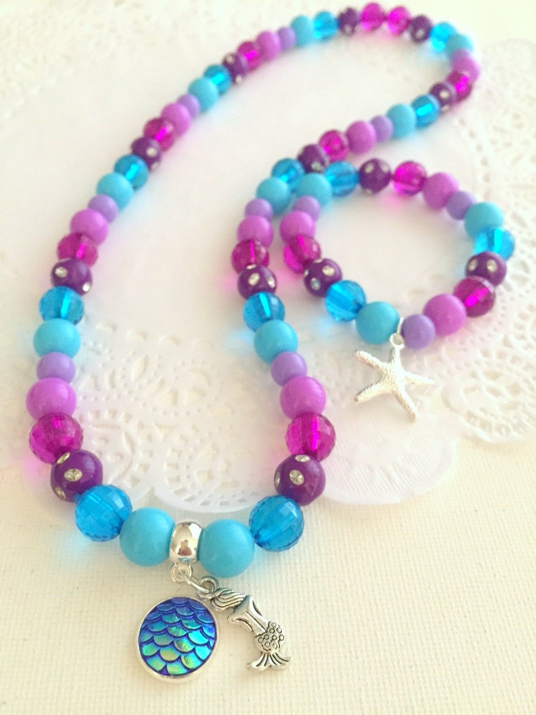 Mermaid Necklace Bracelet Set, Kids Beaded Set, Jewelry Set, Childrens ...