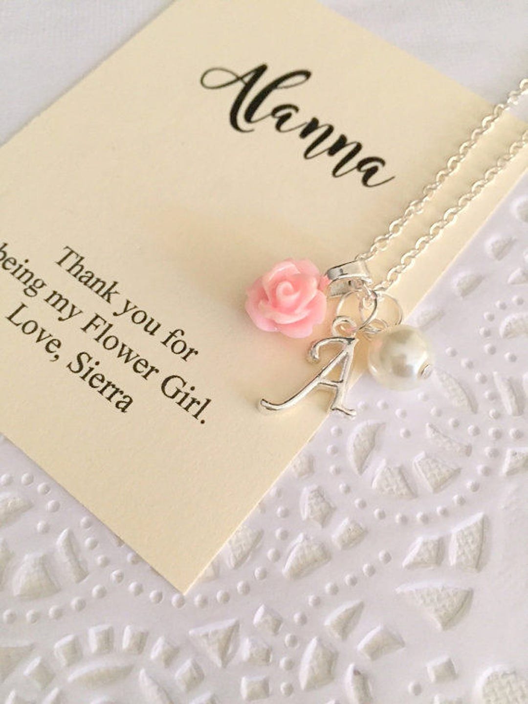 Flower Girl Rose Necklace, Initial Personalized Rose Jewelry, Script ...