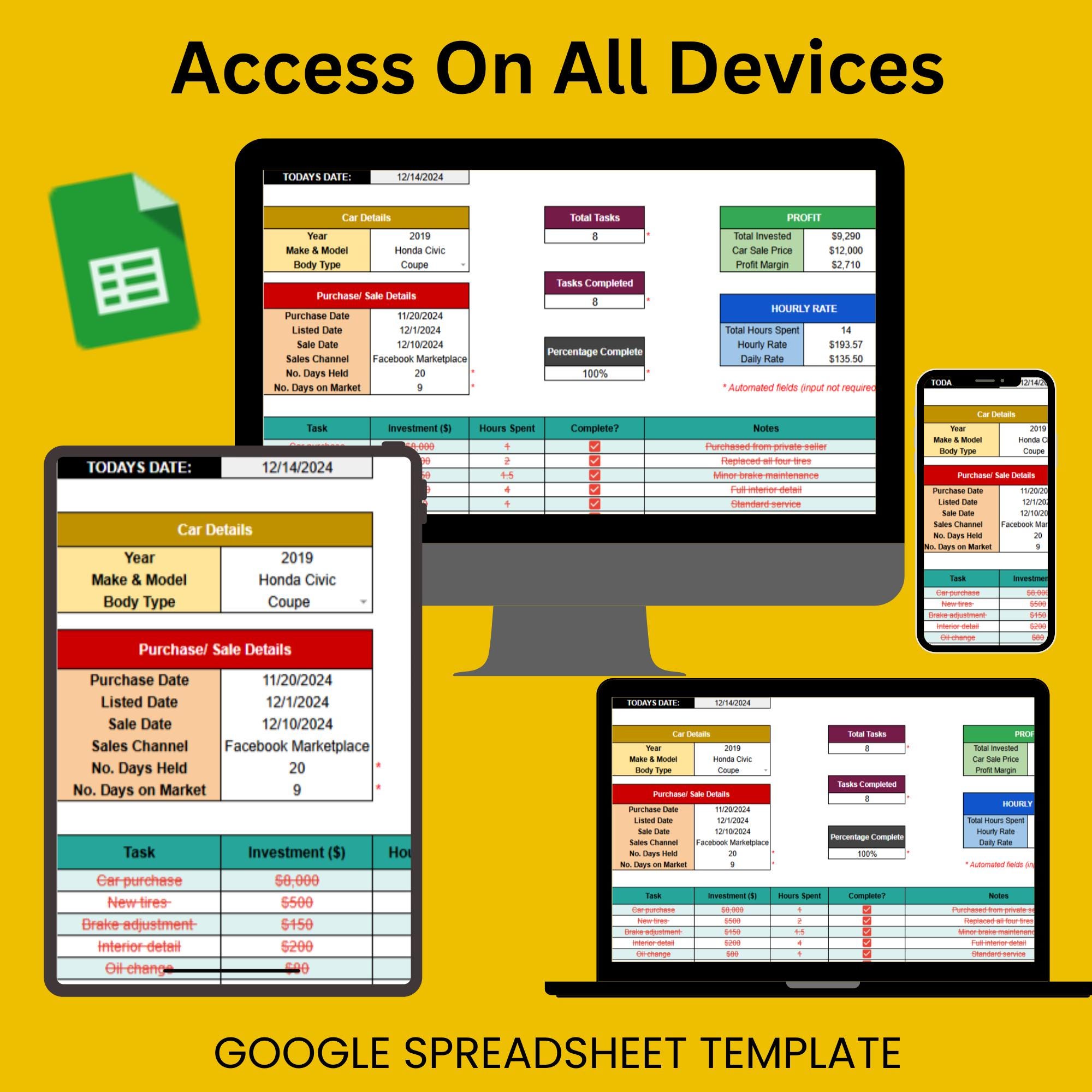 Car Flipping Google Sheets Template | Vehicle Sales and Tasks Tracker ...
