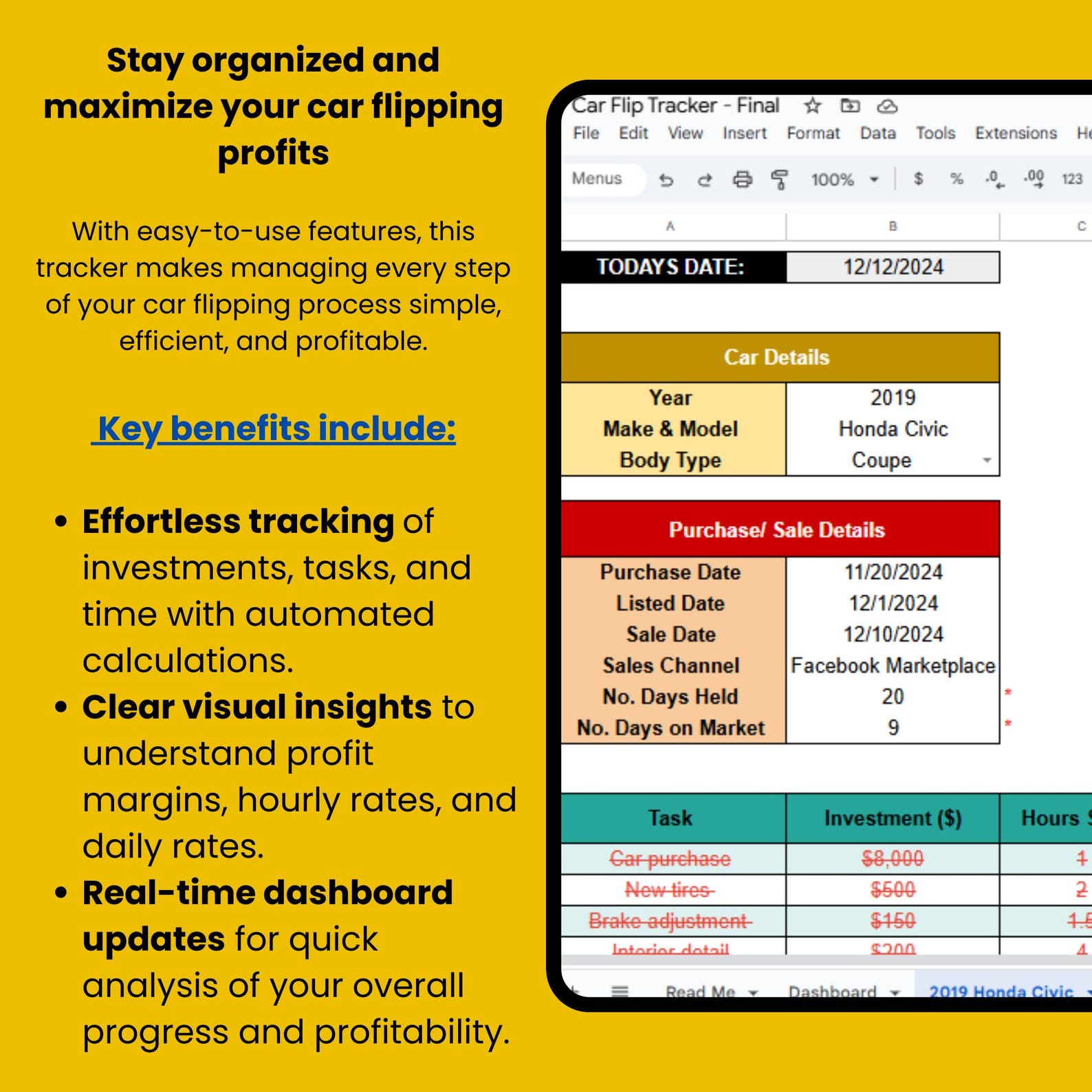 Car Flipping Google Sheets Template | Vehicle Sales and Tasks Tracker ...