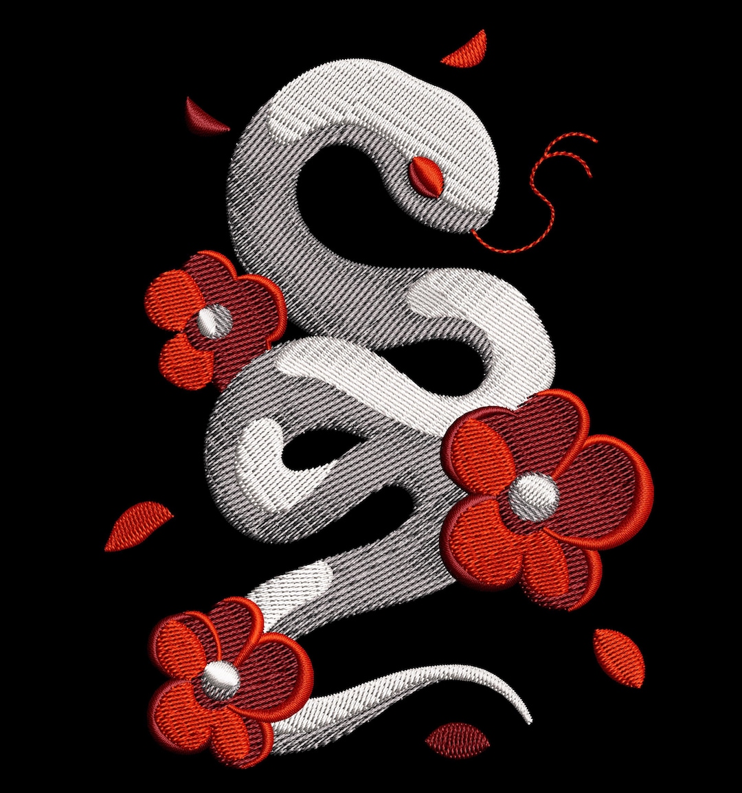 Machine Embroidery. Snake With Flowers. the Symbol of Nature and ...