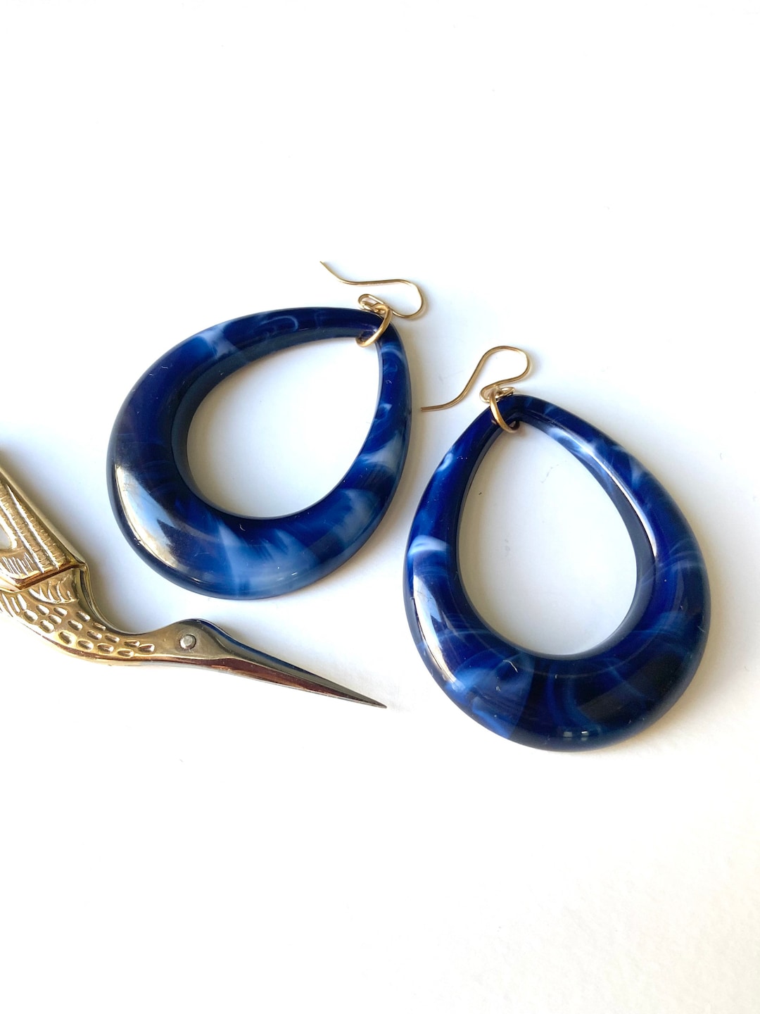 Navy Blue Hoop Earrings, Lightweight Marbled Statement Hoops on 14K ...
