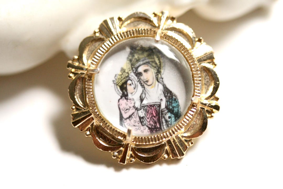 Vintage Miraculous Mary Brooch Pretty Mother Child Round Pin Catholic ...