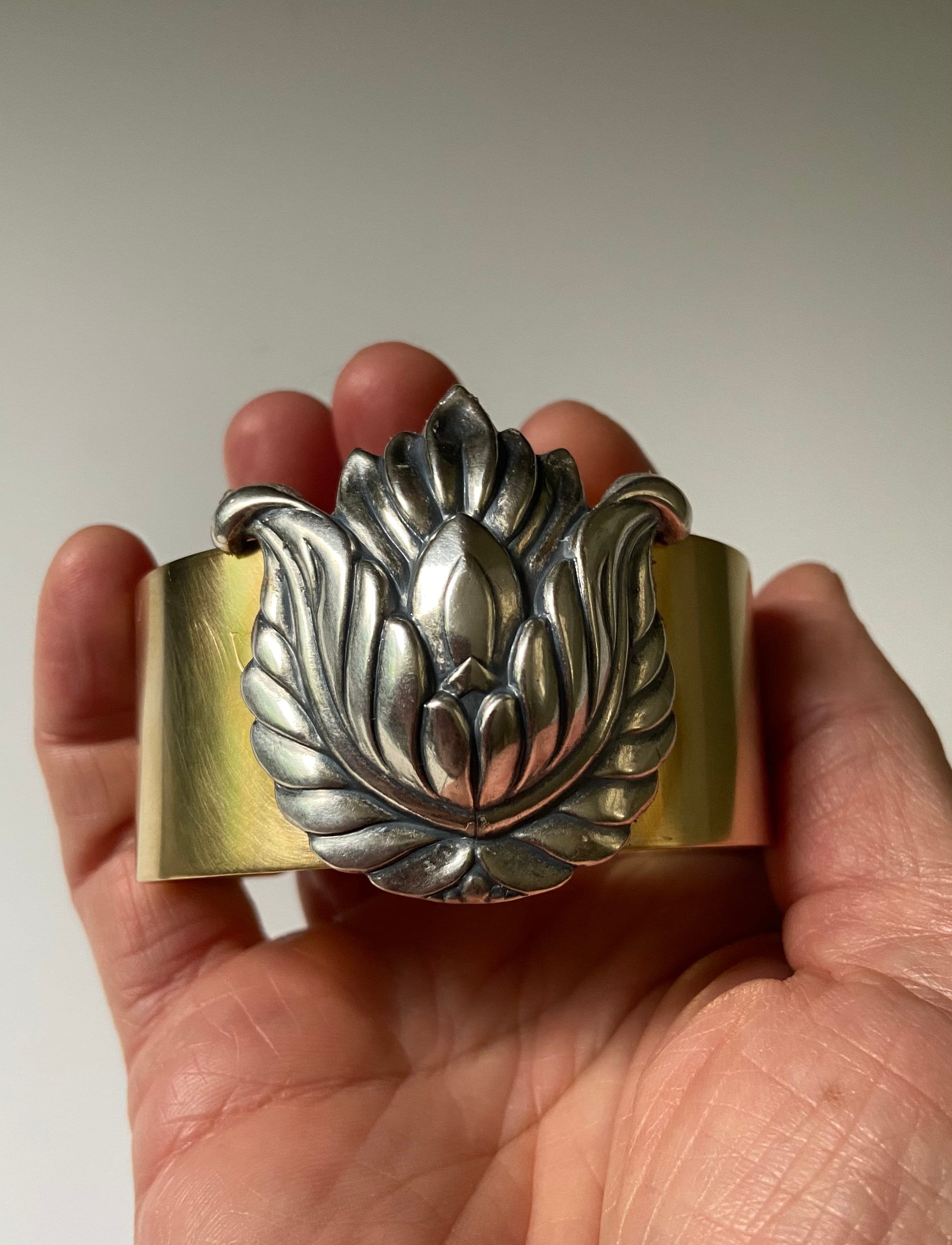 Lotus flower silver bracelet cuff Art nouveau mixed metal | Etsy