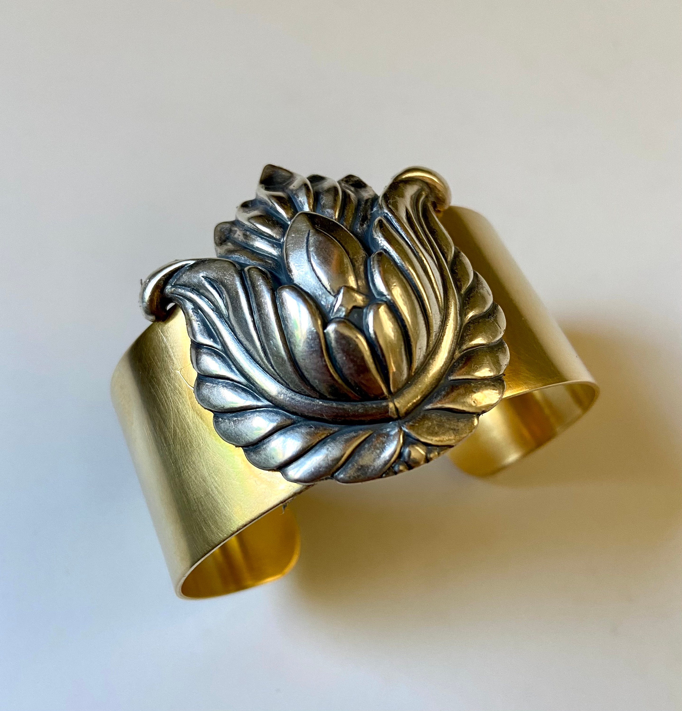 Lotus flower silver bracelet cuff Art nouveau mixed metal | Etsy