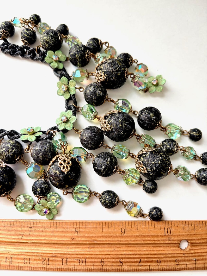 Vintage Hobé Necklace Signed HOBE Bib Necklace Black and Green Bead ...