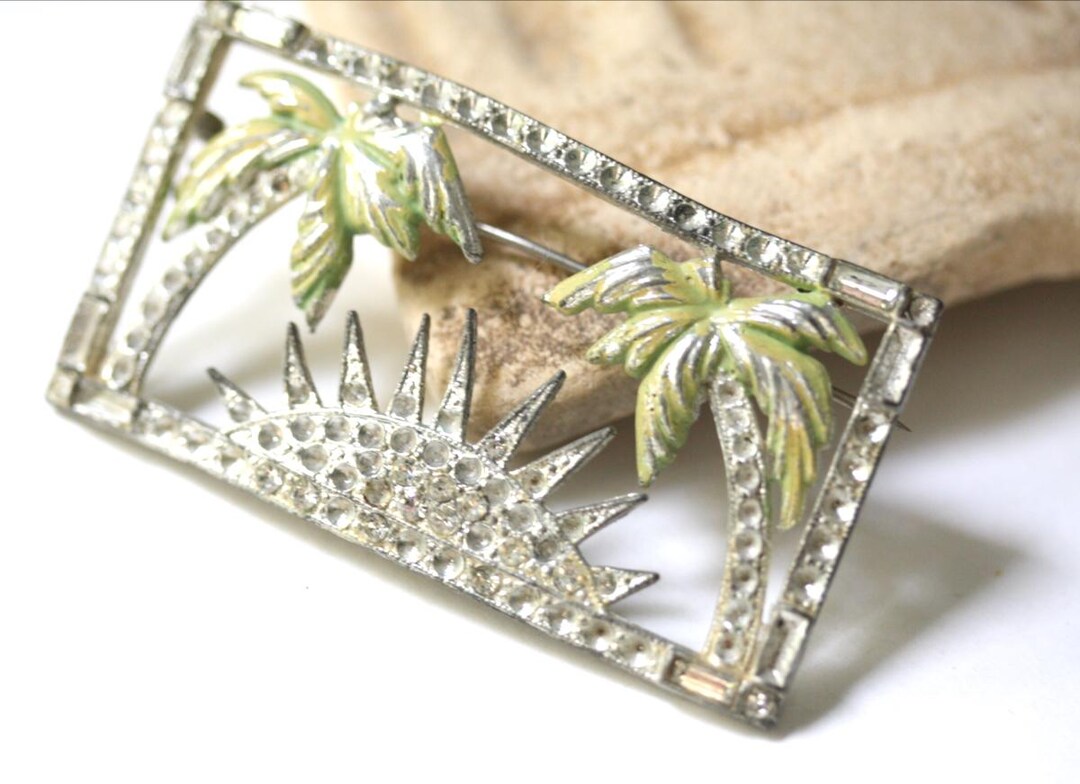 Antique Art Deco Palm Tree Brooch Clear Rhinestone 1920s Sunset Pin ...