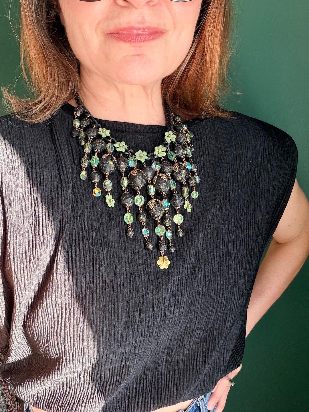Vintage Hobé Necklace Signed HOBE Bib Necklace Black and Green Bead ...