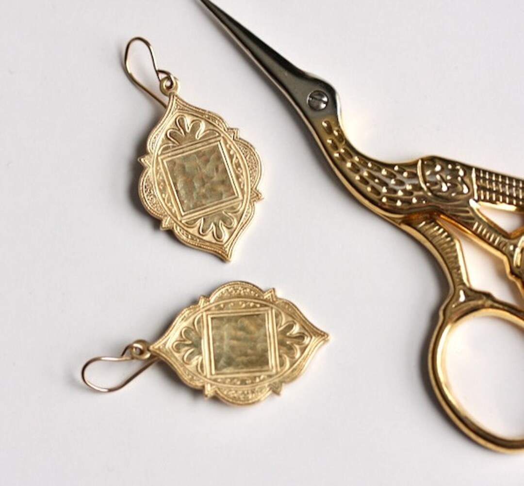 Hammered Gold Moroccan Earrings, Scrolled Gold Victorian Dangle Drops ...