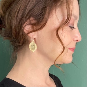 Hammered Gold Moroccan Earrings, Scrolled Gold Victorian Dangle Drops ...