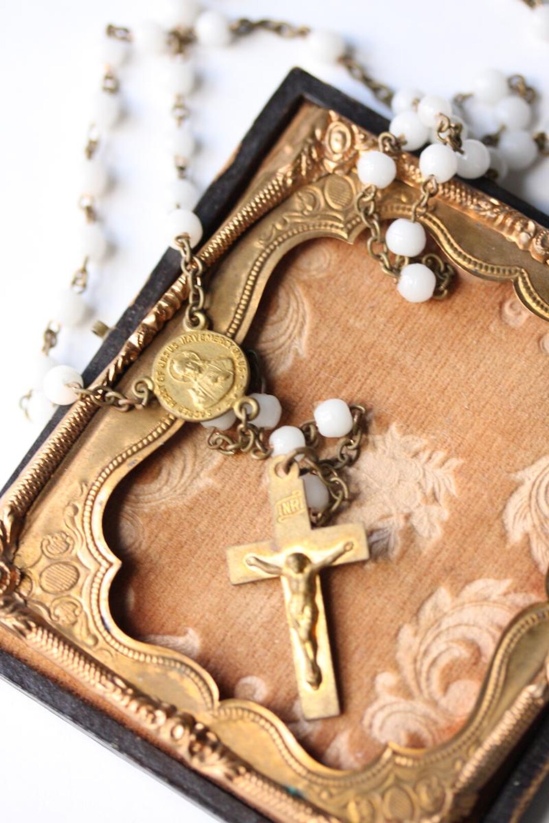 Antique Miniature White Rosary, Small Milk Glass Rosary, Tiny Crucifix ...
