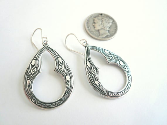 Silver Keyhole Earrings Art Deco Hoops Silver Teardrop | Etsy