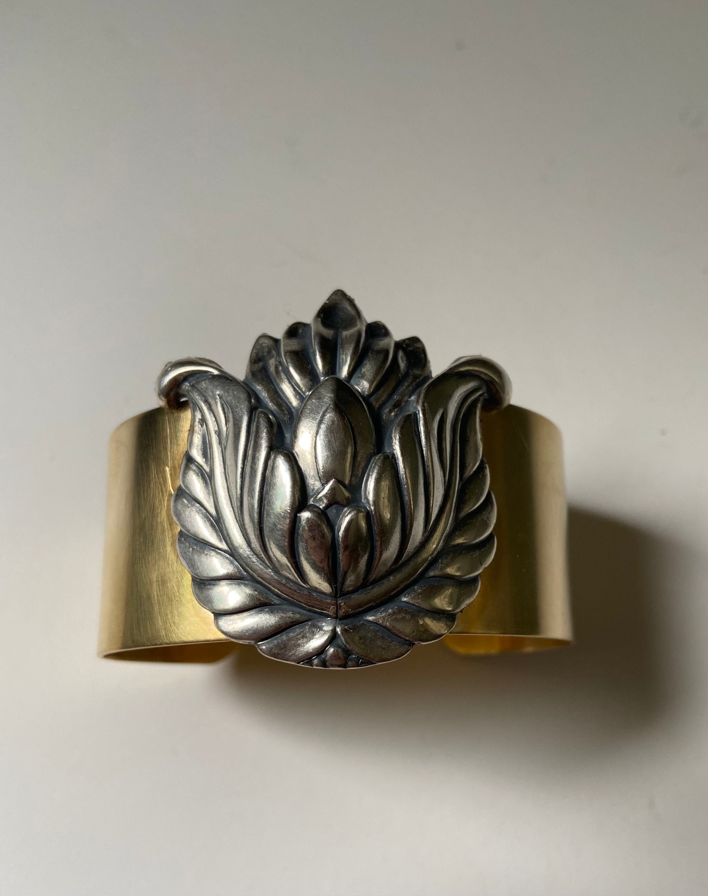 Lotus flower silver bracelet cuff Art nouveau mixed metal | Etsy
