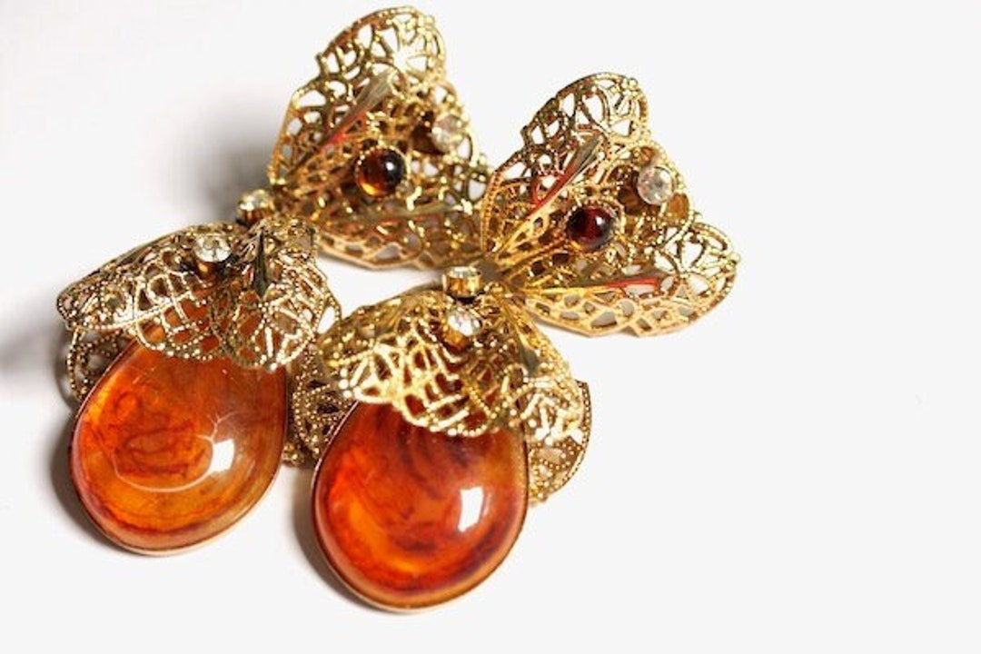 Huge Vintage 50s 60s Clip on Earrings, Revival Victorian Gold Filigree ...