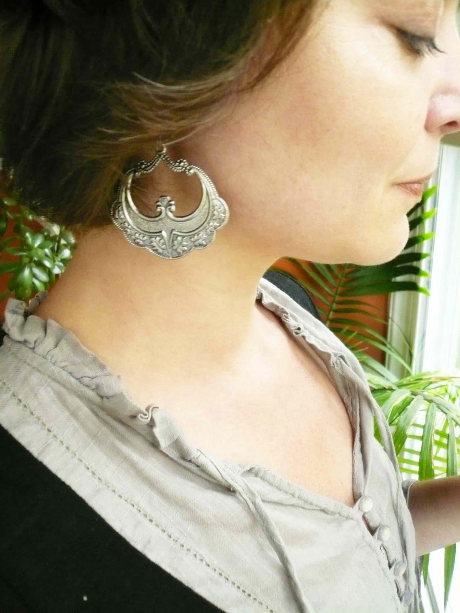 Big Boho Hoops, Bohemian Silver Hoops, Hippie Hoop Earrings, Botanical ...