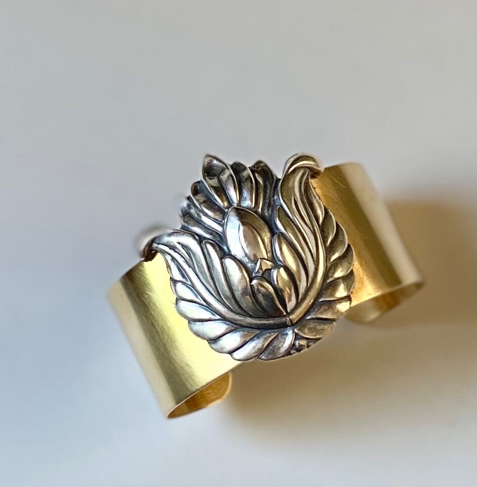 Lotus flower silver bracelet cuff Art nouveau mixed metal | Etsy