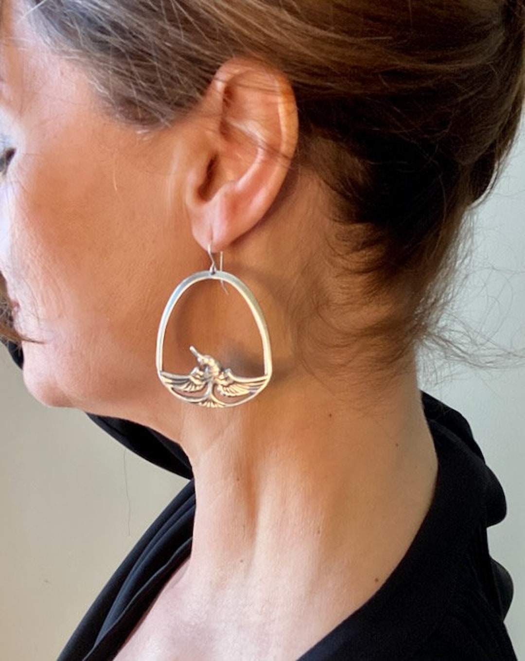 Phoenix Rising Big Silver Bird Earrings, 1920s Art Deco Winged Hoop ...