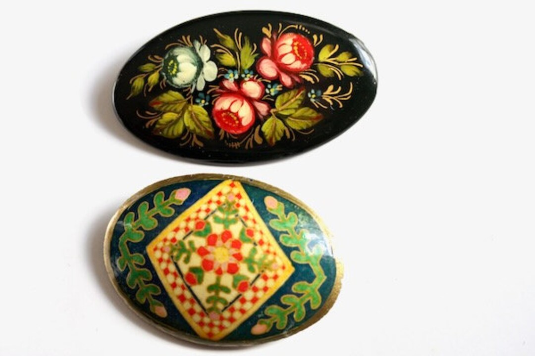 Set of Two Russian Folk Brooches, Pair Vintage Folk Art Pins ...