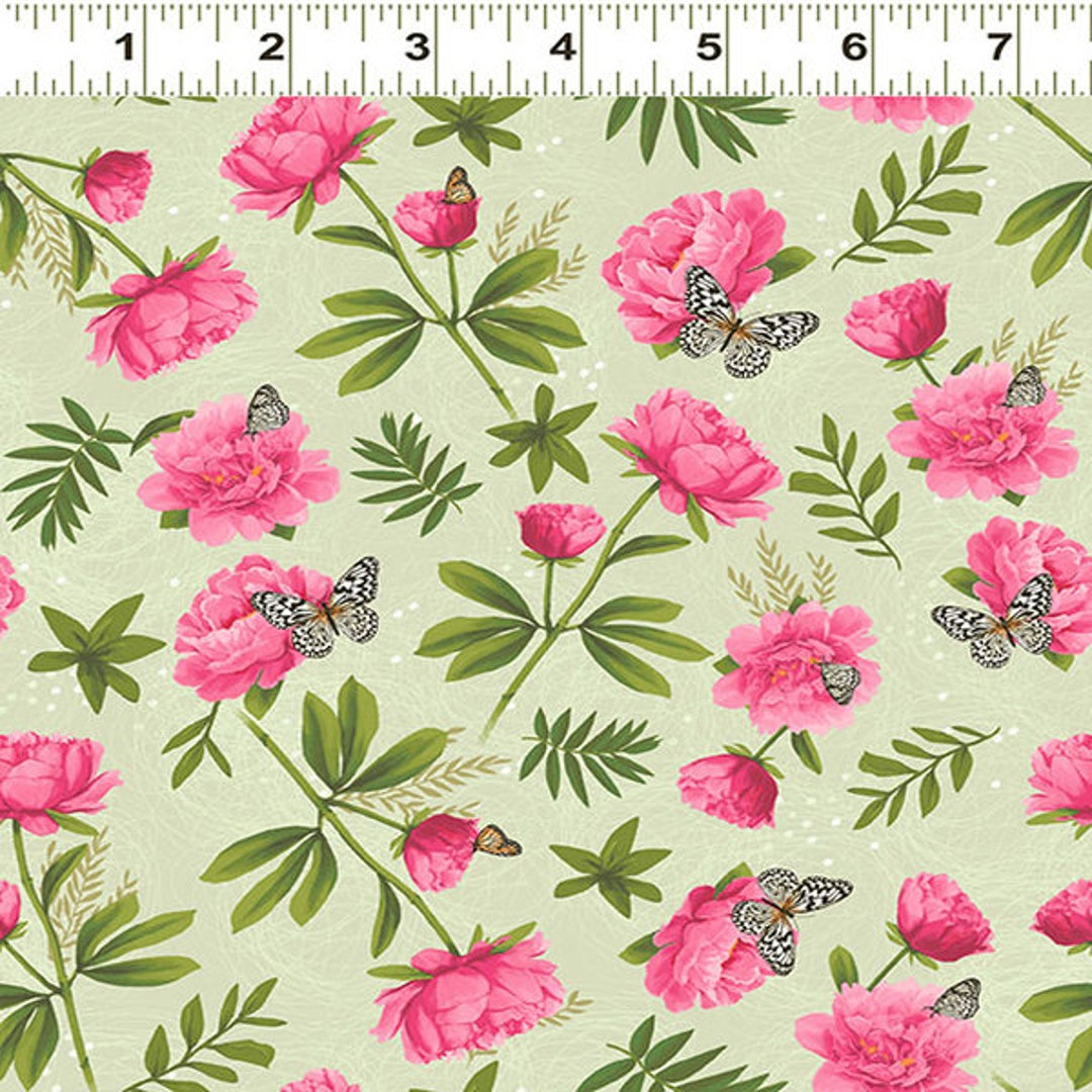 PEACOCK GARDEN by Clothworks Fabrics, Peonies With Olive Background ...