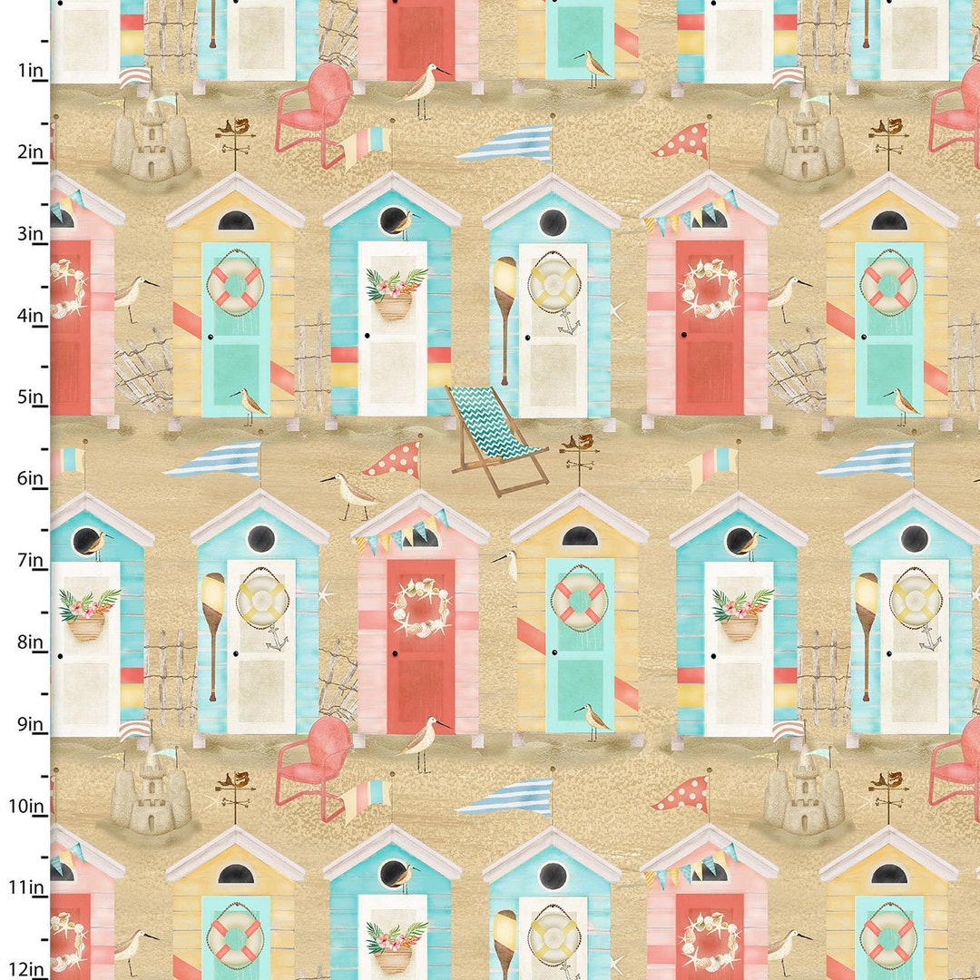 BEACH TRAVEL - Beach Huts - by Beth Albert, 3 Wishes Fabrics - Aqua ...