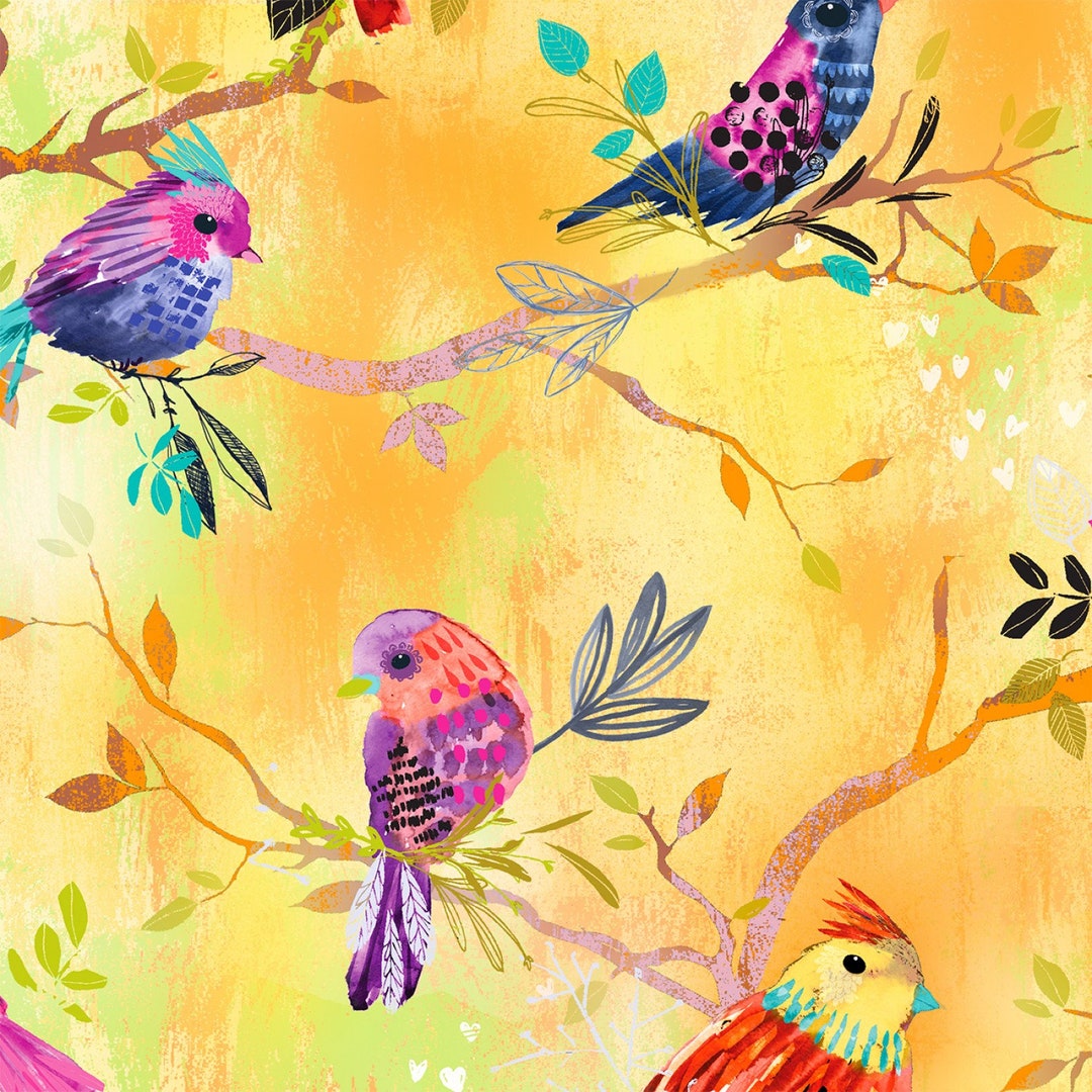 End of Bolt - YELLOW BIRDS on Branches Digitally Printed -14992-YELLOW ...