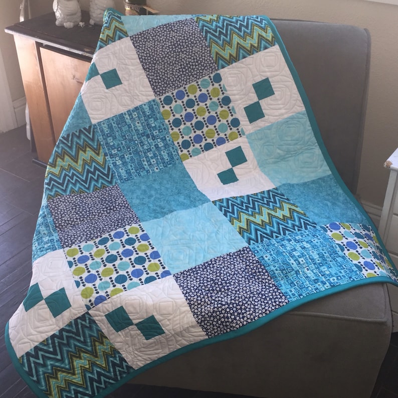 MODERN TEAL BLUE Handmade Quilt - Cotton Fabrics - Navy and White ...