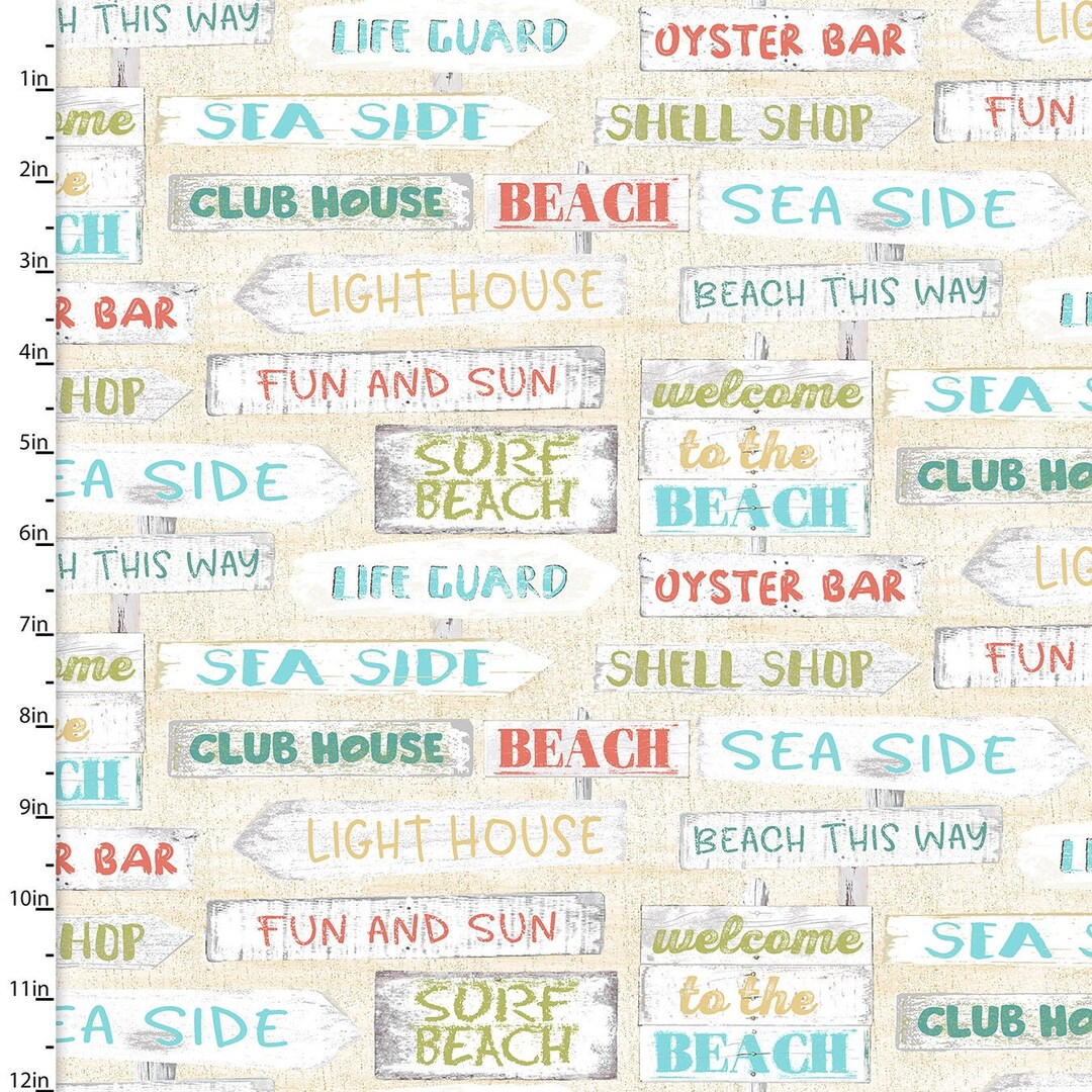 BEACH TRAVEL - Beach Signs - by Beth Albert, 3 Wishes Fabrics - Aqua ...