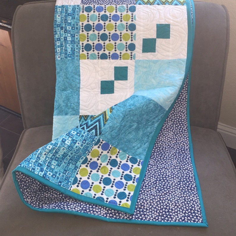 MODERN TEAL BLUE Handmade Quilt cotton fabrics navy and | Etsy