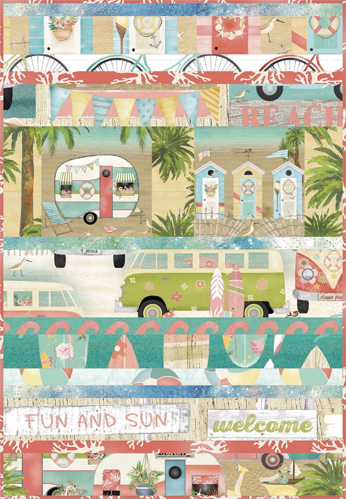 BEACH TRAVEL - Beach Huts - by Beth Albert, 3 Wishes Fabrics - Aqua ...