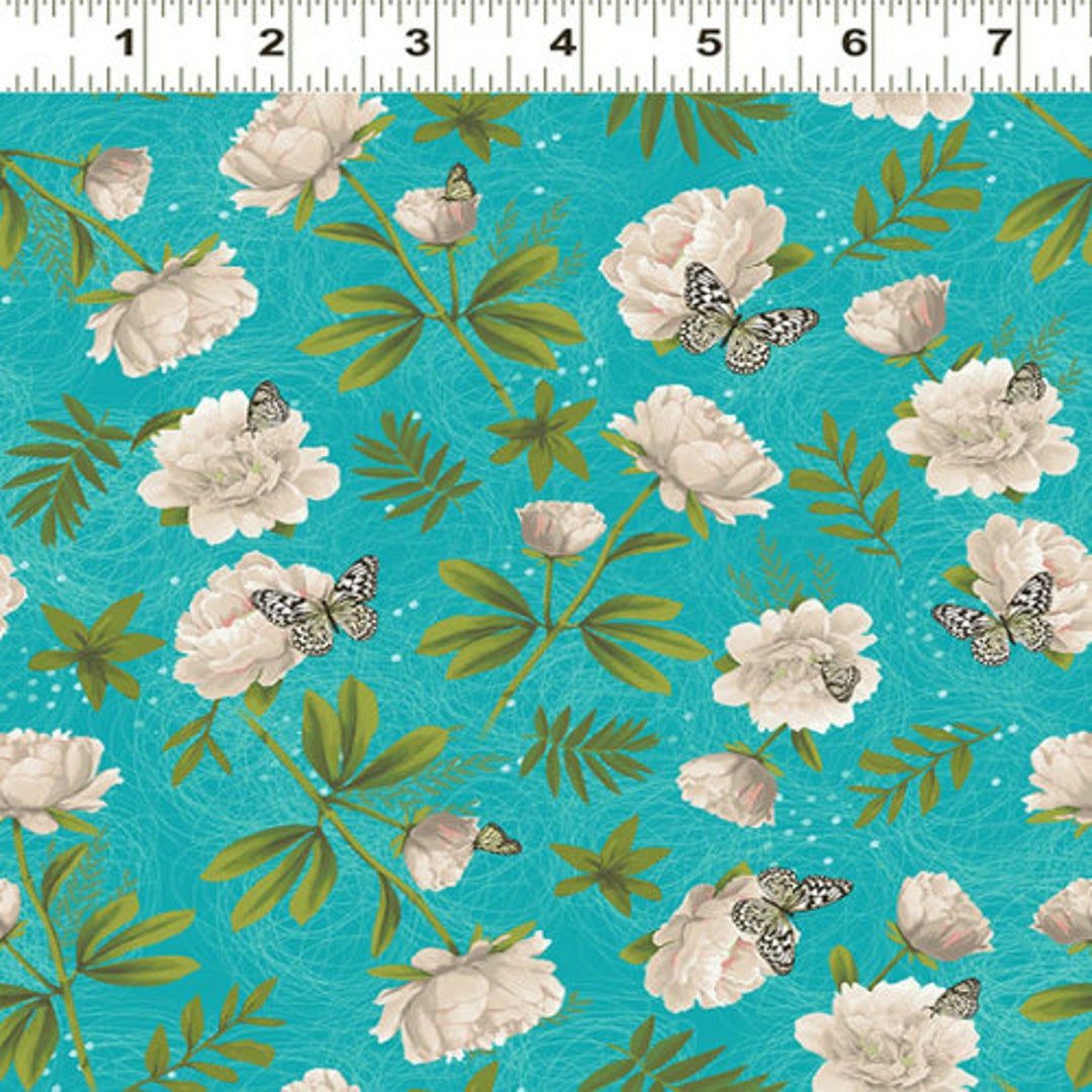 PEACOCK GARDEN by Clothworks Fabrics, Peonies With Turquoise Background ...
