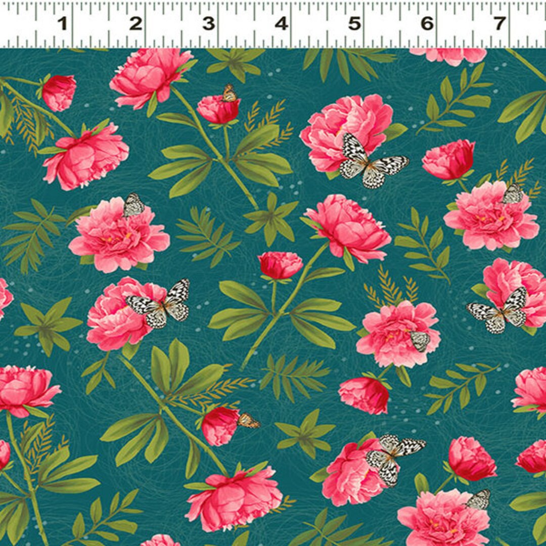 PEACOCK GARDEN by Clothworks Fabrics, Peonies With Teal Background #150 ...