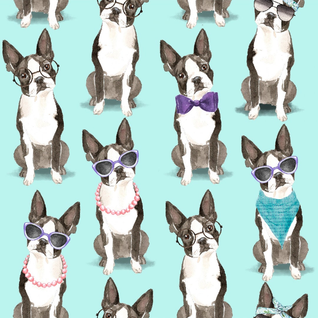 A DOGS LIFE, French Bulldogs by 3 Wishes Fabrics - Turquoise, Glasses ...